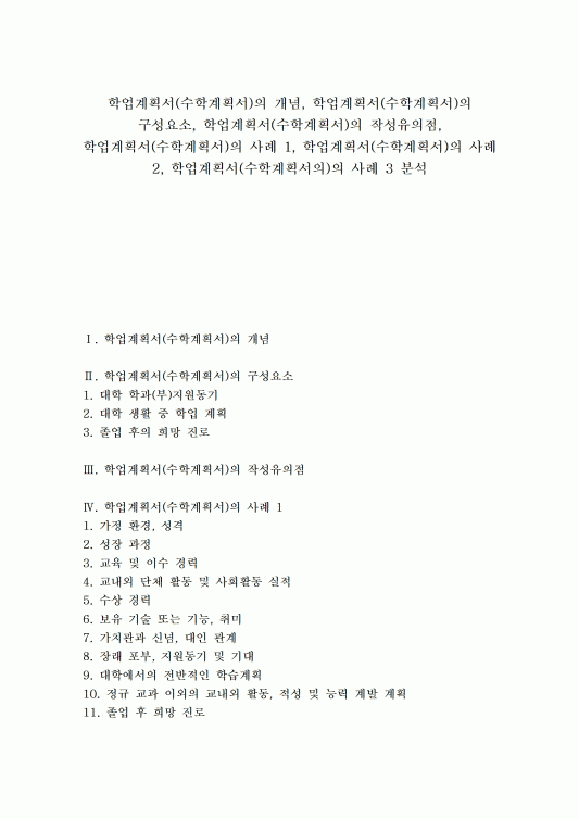 학업계획서(수학계획서) 개념, 학업계획서(수학계획서) 구성요소, 학업계획서(수학계획서) 작성유의점, 학업계획서(수학계획서) 사례 1, 학업계획서(수학계획서) 사례 2, 학업계획서(수학계획서의) 사례 3 분석