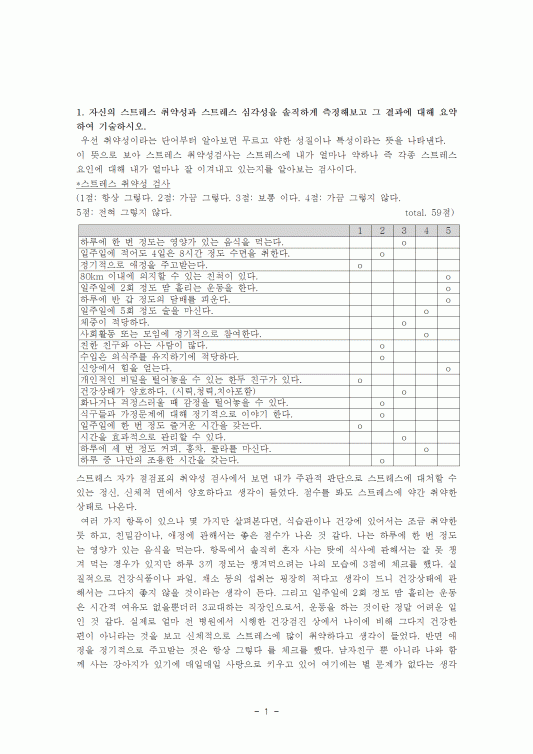 1. 자신의 스트레스 취약성과 스트레스 심각성을 솔직하게 측정해보고 그 결과에 대해 요약하여 기술하시오