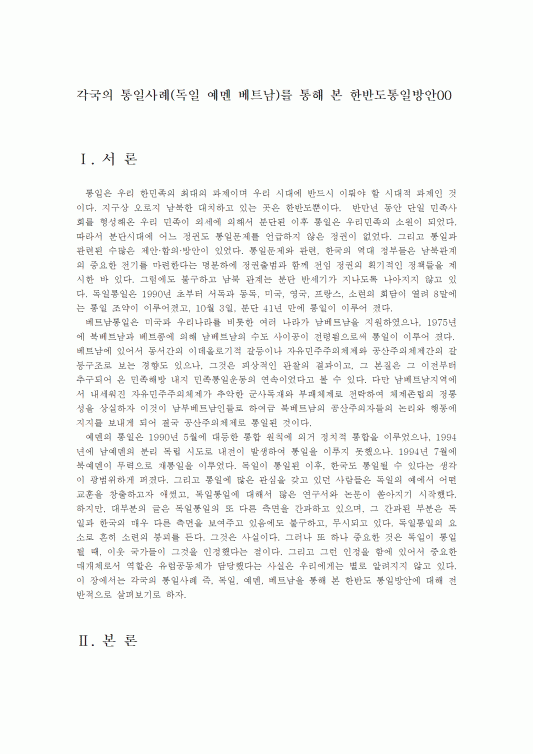 각국의 통일사례(독일 예멘 베트남)를 통해 본 한반도통일방안00