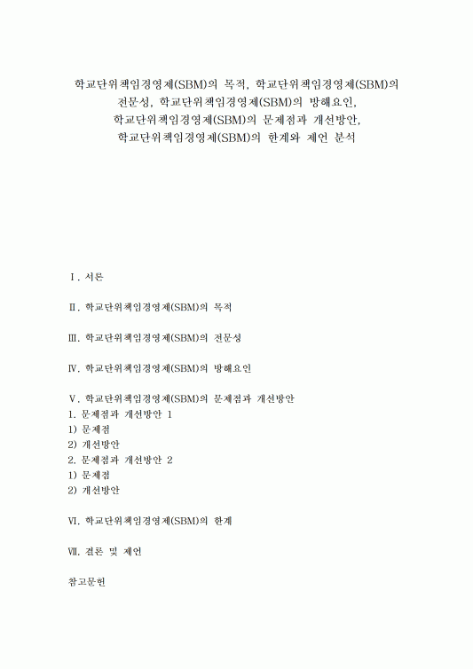 [SBM]학교단위책임경영제(SBM)의 목적, 학교단위책임경영제(SBM)의 전문성, 학교단위책임경영제(SBM)의 방해요인, 학교단위책임경영제(SBM)의 문제점과 개선방안, 학교단위책임경영제(SBM)의 한계와 제언 분석
