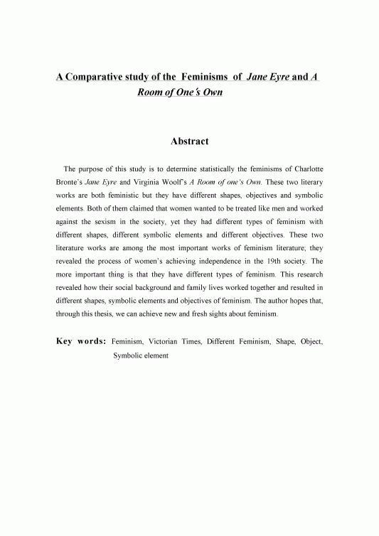 A Comparative study of the Feminisms of Jane Eyre and A Room of Ones Own