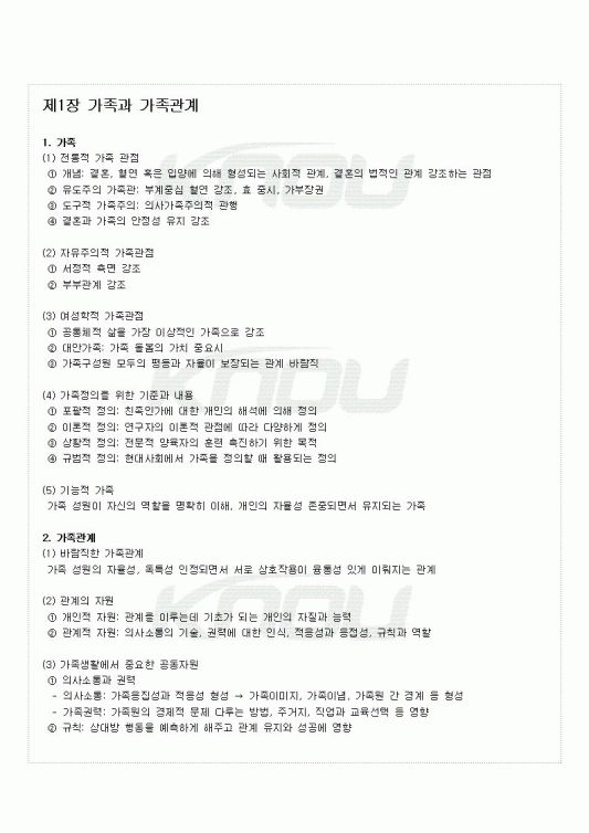 2010년 2학기 가족관계 기말시험 핵심체크