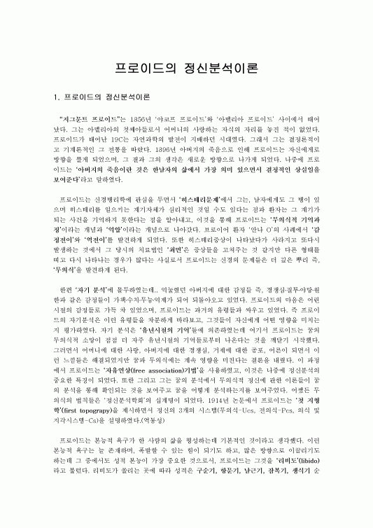 프로이드의 정신분석이론,정신분석이론,프로이드비판,심리성욕발달단계,정신분석모델,정신분석비평,정신분석이론 치료법, 방어기제, 정신분석학의 변화, 프로이드이론의평가, 이드, 자아, 초자아