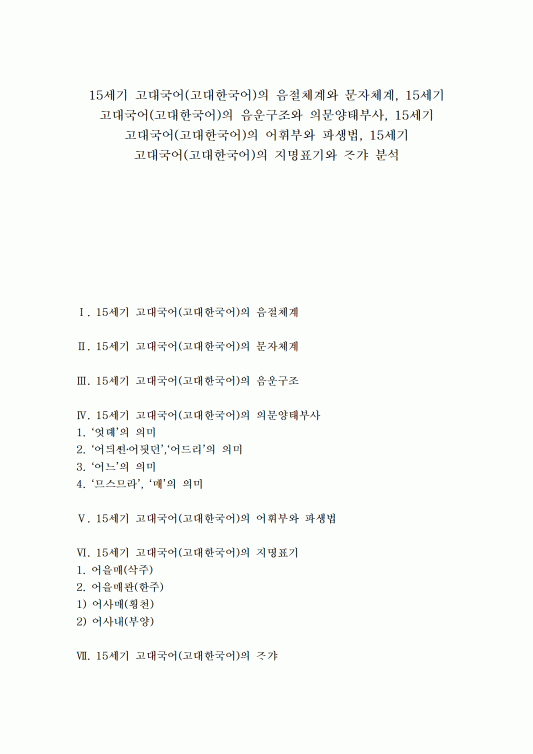 15세기 고대국어(고대한국어)의 음절체계와 문자체계, 15세기 고대국어(고대한국어)의 음운구조와 의문양태부사, 15세기 고대국어(고대한국어)의 어휘부와 파생법, 15세기 고대국어(고대한국어) 지명표기와 갸 분석