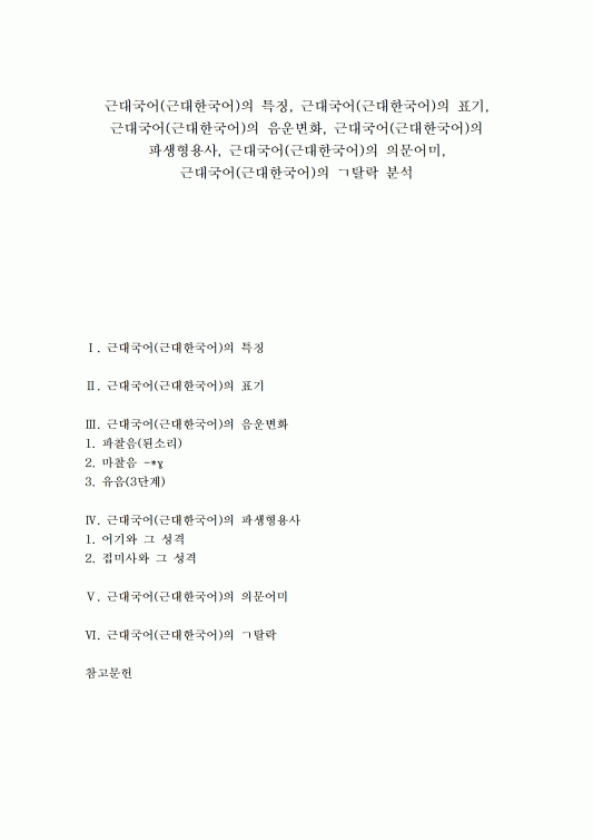 근대국어(근대한국어)의 특징, 근대국어(근대한국어)의 표기, 근대국어(근대한국어)의 음운변화, 근대국어(근대한국어)의 파생형용사, 근대국어(근대한국어)의 의문어미, 근대국어(근대한국어)의 ㄱ탈락 분석