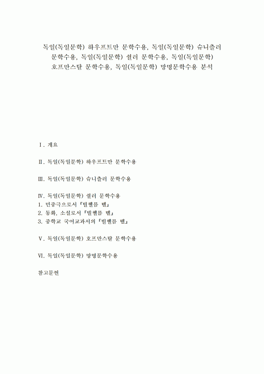 [독일문학][독일][문학수용]독일(독일문학) 하우프트만 문학수용, 독일(독일문학) 슈니츨러 문학수용, 독일(독일문학) 쉴러 문학수용, 독일(독일문학) 호프만스탈 문학수용, 독일(독일문학) 망명문학수용 분석