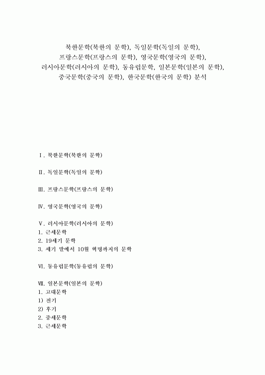 북한문학(북한의 문학), 독일문학(독일의 문학), 프랑스문학(프랑스의 문학), 영국문학(영국의 문학), 러시아문학(러시아의 문학), 동유럽문학,일본문학(일본의 문학),중국문학(중국의 문학),한국문학(한국의 문학)