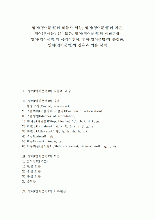 [영어문법]영어(영어문법)의 리듬과 억양, 영어(영어문법)의 자음, 영어(영어문법)의 모음, 영어(영어문법)의 이화현상, 영어(영어문법)의 목적어전이, 영어(영어문법)의 음절화, 영어(영어문법)의 강음과 약음 분석