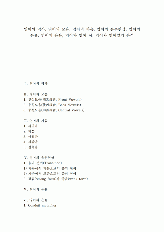 [영어][모음][자음][음운현상][운율][은유][영어 시][영어 일기]영어의 역사, 영어의 모음, 영어의 자음, 영어의 음운현상, 영어의 운율, 영어 은유, 영어와 영어 시, 영어와 영어일기 분석(모음, 자음, 음운현상)