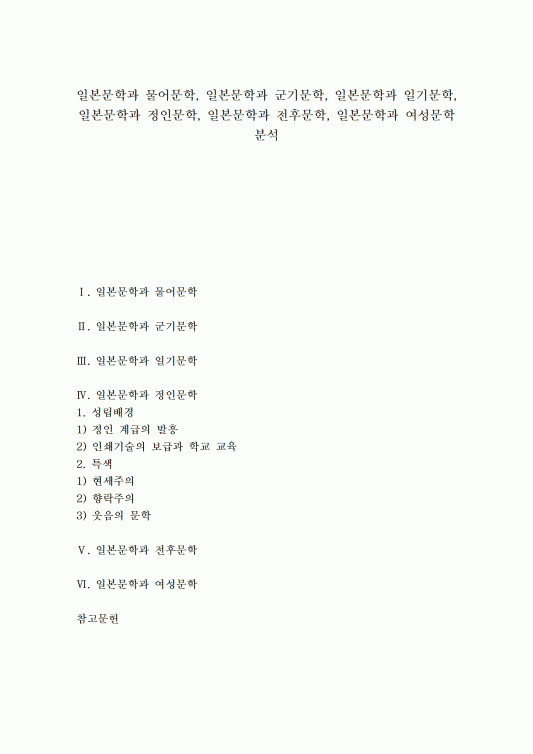 [일본문학][물어문학][군기문학][일기문학][정인문학][전후문학][여성문학]일본문학과 물어문학, 일본문학과 군기문학, 일본문학과 일기문학, 일본문학과 정인문학, 일본문학과 전후문학, 일본문학과 여성문학 분석