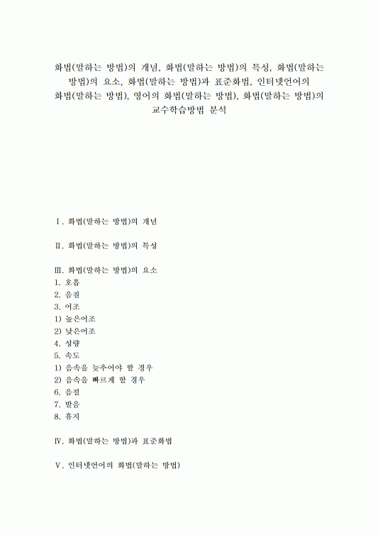 화법(말하는 방법)의 개념, 화법(말하는 방법)의 특성, 화법(말하는 방법)의 요소, 화법(말하는 방법)과 표준화법, 인터넷언어의 화법(말하는 방법), 영어의 화법(말하는 방법), 화법(말하는 방법)의 교수학습방법