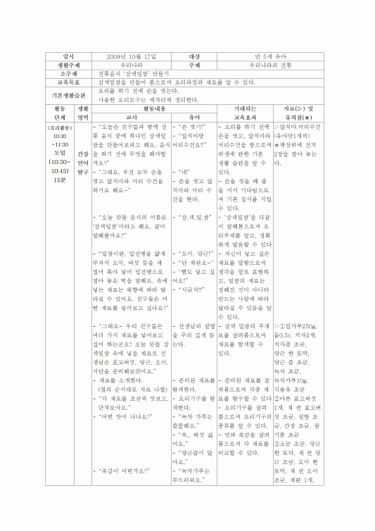 유아(유치원) 요리활동 계획안 - 전통음식교육계획안(삼색밀쌈)