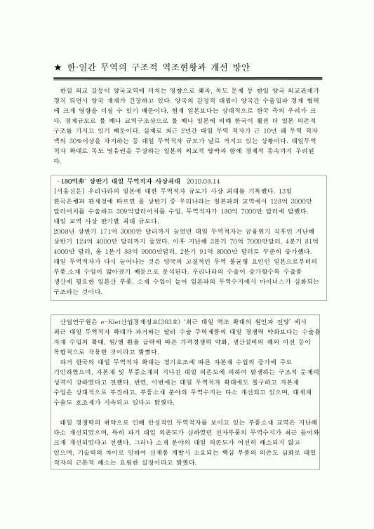 한,일간 무역의 구조적 역조현황과 개선방안