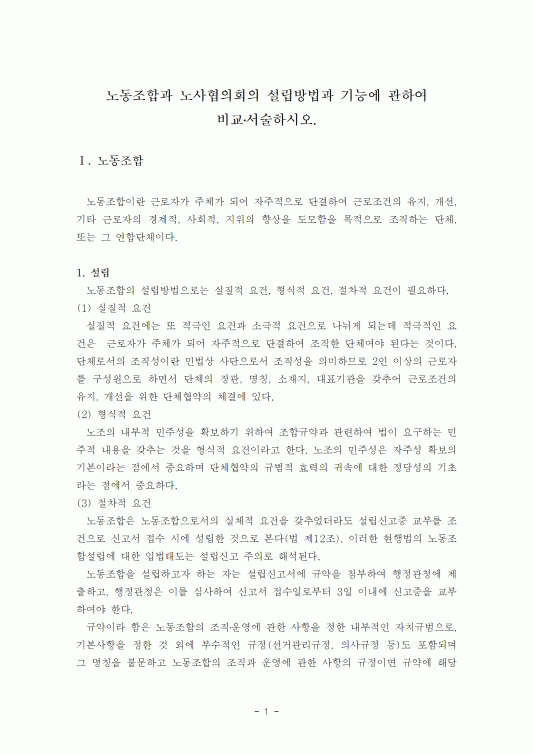 노동조합과 노사협의회의 설립방법과 기능에 관하여 비교 서술하시오