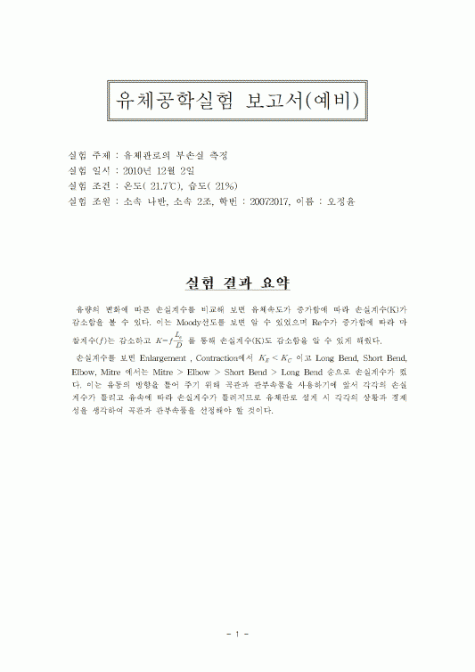 부손실 실험 레포트 자료