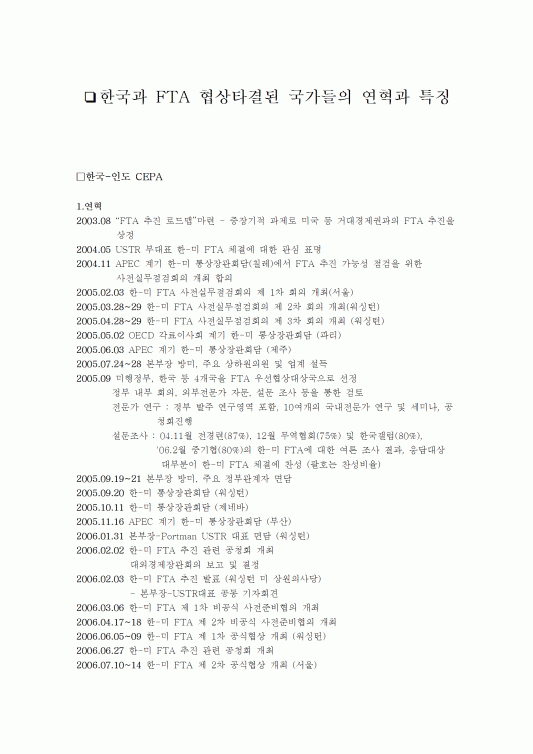 한국과 FTA 협상국가들의 연혁과 특징