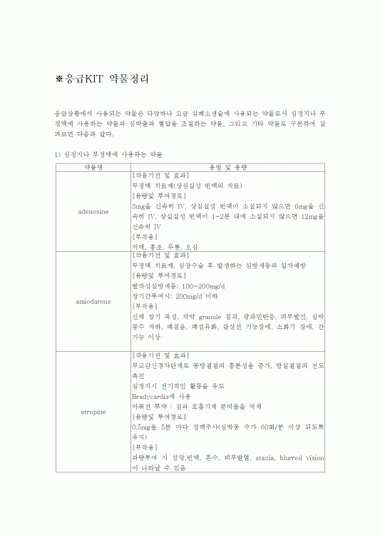 emergency car 응급키트 약물 정리