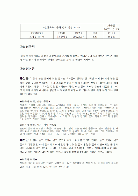 옴의 법칙 실험 보고서