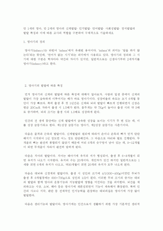 만 1세의 영아, 만 2세의 영아의 신체발달· 인지발달· 언어발달· 사회성발달· 정서발달의 발달 특징과 이에 따른 교사의 역할을 구분하여 구체적으로 기술하세요