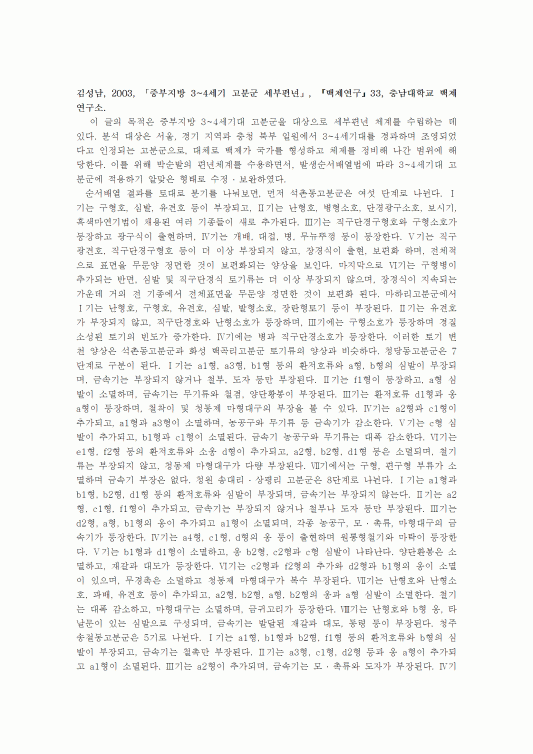중부지방의 3~4세기 고분군 세부편년 금강유역 마한 백제 묘제 양상