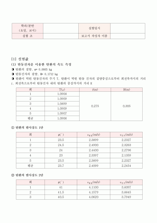 탄환의 속도측정 -일반물리실험
