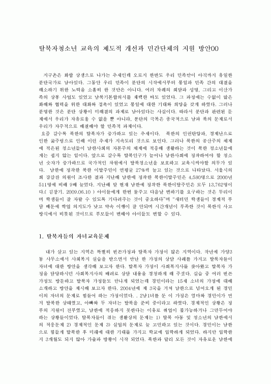 탈북자청소년 교육의 제도적 개선과 민간단체의 지원 방안00
