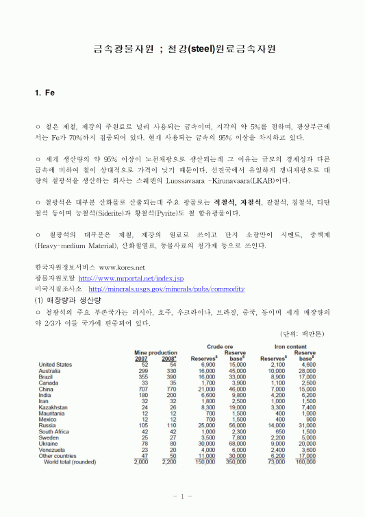 금속광물자원 철강(steel)원료금속자원