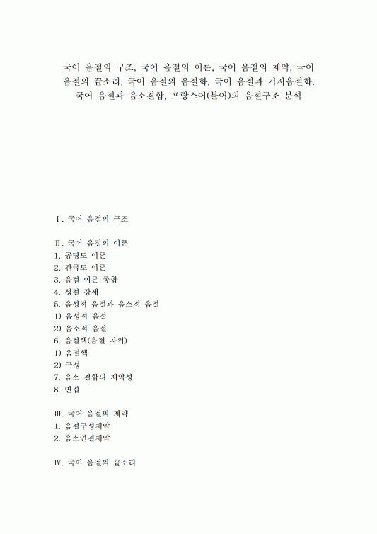 [국어 음절][프랑스어(불어) 음절구조]국어 음절의 구조, 국어 음절의 이론, 국어 음절의 제약, 국어 음절의 끝소리, 국어 음절의 음절화, 국어 음절과 기저음절화, 국어 음절과 음소결합, 프랑스어(불어) 음절구조