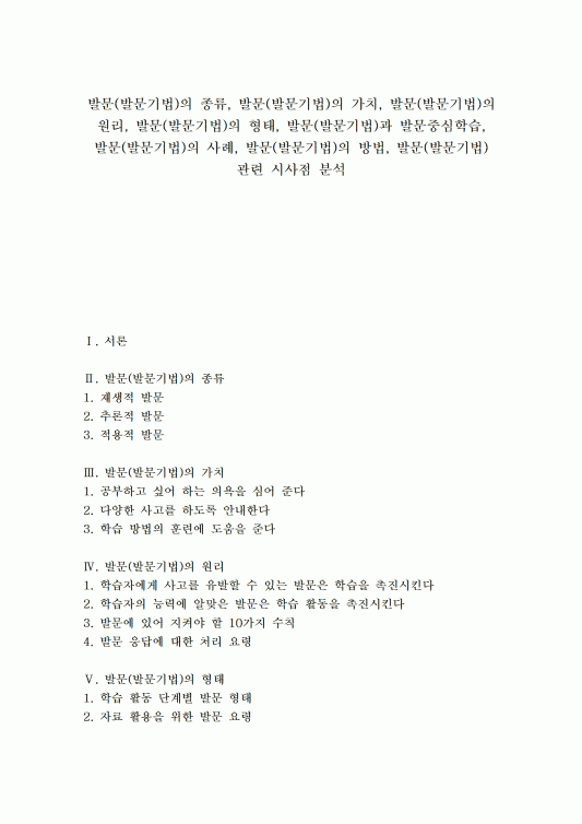 발문(발문기법)의 종류, 발문(발문기법)의 가치, 발문(발문기법)의 원리, 발문(발문기법)의 형태, 발문(발문기법)과 발문중심학습, 발문(발문기법)의 사례, 발문(발문기법)의 방법, 발문(발문기법) 관련 시사점 분석