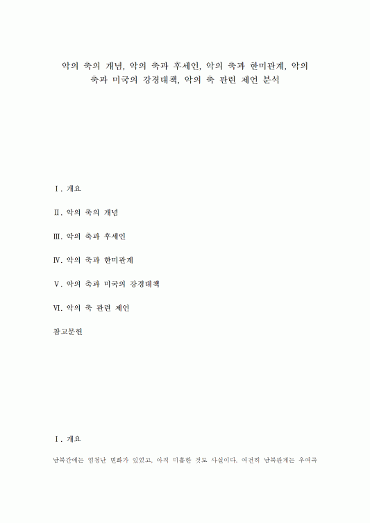 [악의 축 개념][악의 축과 후세인][악의 축과 한미관계][악의 축과 미국 강경대책][악의 축 관련 제언]악의 축의 개념, 악의 축과 후세인, 악의 축과 한미관계, 악의 축과 미국의 강경대책, 악의 축 관련 제언 분석