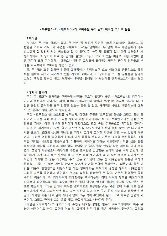 트루먼쇼와 매트릭스가 보여주는 우리 삶의 허구성 그리고 실존