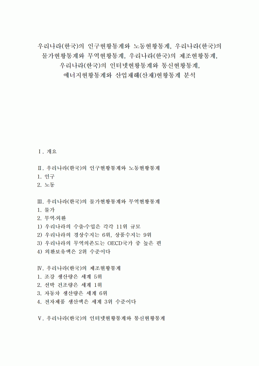 우리나라(한국) 인구현황통계와 노동현황통계, 우리나라(한국) 물가현황통계와 무역현황통계, 우리나라(한국) 제조현황통계, 우리나라 인터넷현황통계와 통신현황통계, 에너지현황통계와 산업재해(산재)현황통계