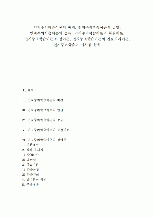 인지주의학습이론의 배경, 인지주의학습이론의 발달, 인지주의학습이론의 종류, 인지주의학습이론의 통찰이론, 인지주의학습이론의 장이론, 인지주의학습이론의 정보처리이론, 인지주의학습의 시사점 분석