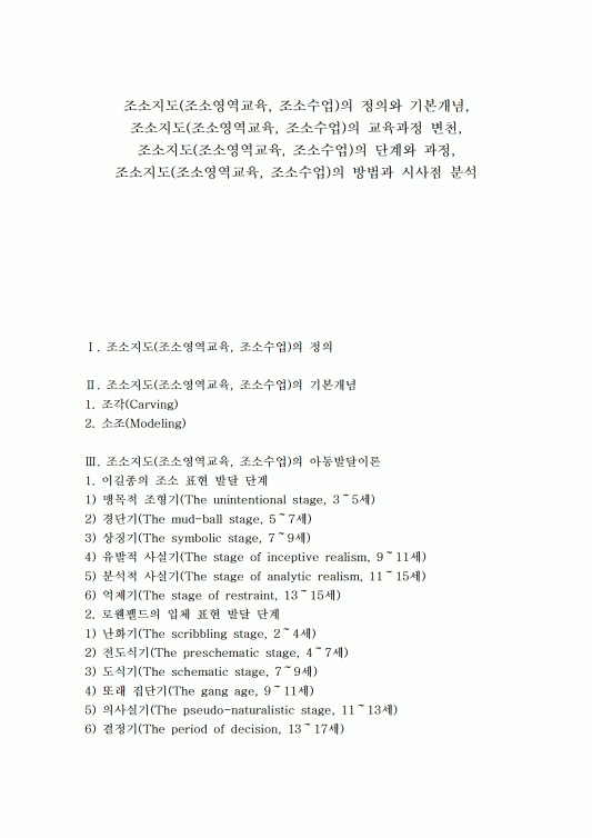 조소지도(조소영역교육, 조소수업)의 정의와 기본개념, 조소지도(조소영역교육, 조소수업)의 교육과정 변천, 조소지도(조소영역교육, 조소수업)의 단계와 과정, 조소지도(조소영역교육, 조소수업)의 방법과 시사점