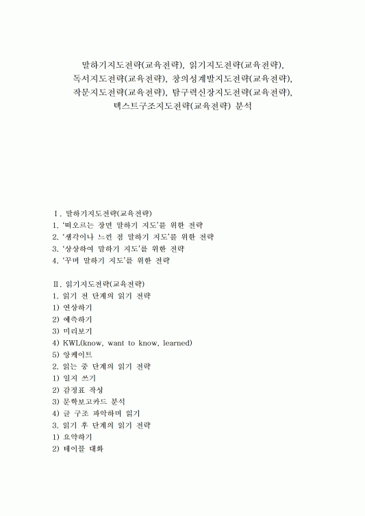 말하기지도전략(교육전략), 읽기지도전략(교육전략), 독서지도전략(교육전략), 창의성계발지도전략(교육전략), 작문지도전략(교육전략), 탐구력신장지도전략(교육전략), 텍스트구조지도전략(교육전략) 분석