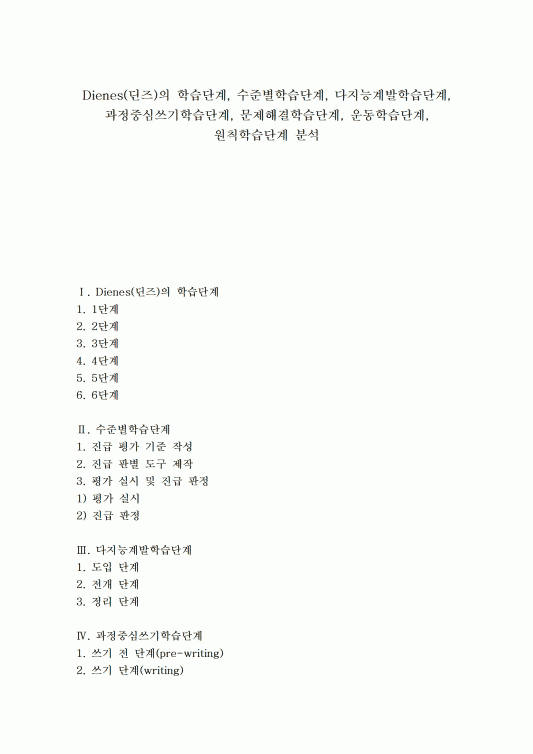 [학습단계][딘즈 학습][수준별학습][다지능계발학습][과정중심쓰기학습]Dienes(딘즈)의 학습단계, 수준별학습단계, 다지능계발학습단계, 과정중심쓰기학습단계, 문제해결학습단계, 운동학습단계, 원칙학습단계