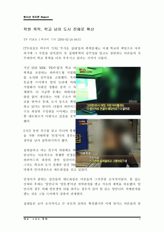 학원 폭력 보고서, 학교폭력, 교정복지