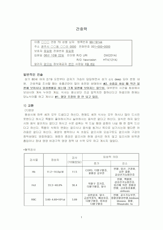 상기도감염(URI) ,DM  간호력 간호진단 간호수행 레포트 작성