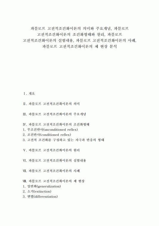 파블로프 고전적조건화이론의 의미와 주요개념, 파블로프 고전적조건화이론의 조건화형태와 원리, 파블로프 고전적조건화이론의 실험내용, 파블로프 고전적조건화이론의 사례, 파블로프 고전적조건화이론 제 현상