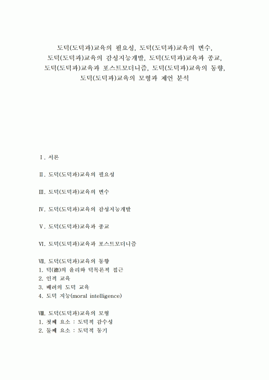 도덕(도덕과)교육의 필요성, 도덕(도덕과)교육의 변수, 도덕(도덕과)교육의 감성지능개발, 도덕(도덕과)교육과 종교, 도덕(도덕과)교육과 포스트모더니즘, 도덕(도덕과)교육의 동향, 도덕(도덕과)교육의 모형과 제언