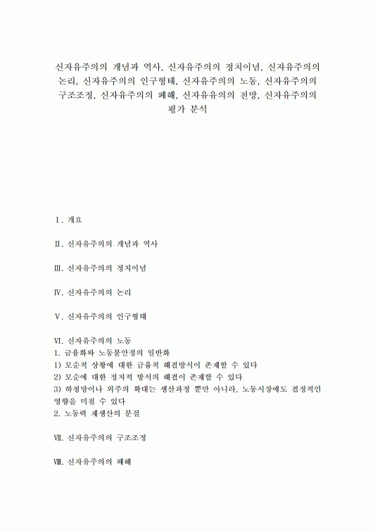 신자유주의의 개념과 역사, 신자유주의의 정치이념, 신자유주의의 논리, 신자유주의의 인구형태, 신자유주의의 노동, 신자유주의의 구조조정, 신자유주의의 폐해, 신자유유의의 전망, 신자유주의의 평가 분석