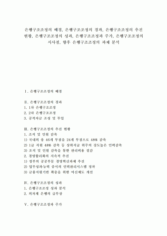 [은행구조조정][은행구조조정의 과제]은행구조조정의 배경, 은행구조조정의 경과, 은행구조조정의 추진 현황, 은행구조조정의 성과, 은행구조조정과 주가, 은행구조조정의 시사점, 향후 은행구조조정의 과제 분석