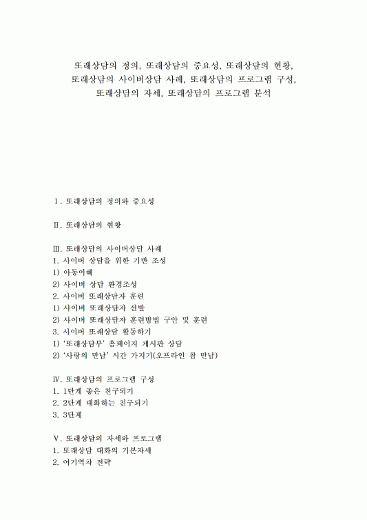 [또래상담][또래상담 사례][또래상담 프로그램]또래상담의 정의, 또래상담의 중요성, 또래상담의 현황, 또래상담의 사이버상담 사례, 또래상담의 프로그램 구성, 또래상담의 자세, 또래상담의 프로그램 분석