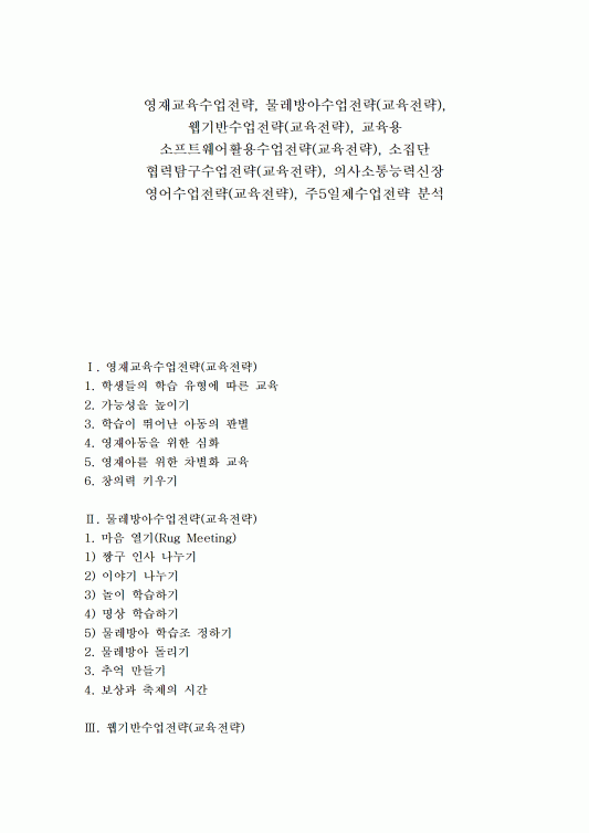 영재교육수업전략, 물레방아수업전략(교육전략), 웹기반수업전략(교육전략), 교육용 소프트웨어활용수업전략(교육전략), 소집단 협력탐구수업전략(교육전략), 의사소통능력신장 영어수업전략, 주5일제수업전략 분석