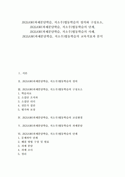 JIGSAW(과제분담학습, 직소우)협동학습의 정의와 구성요소, JIGSAW(과제분담학습, 직소우)협동학습의 단계, JIGSAW(과제분담학습, 직소우)협동학습의 사례, JIGSAW(과제분담학습, 직소우)협동학습 교육적효과 분석