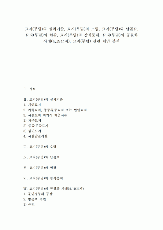 [묘지][무덤][납골묘][공원화][4.19묘지]묘지(무덤)의 설치기준, 묘지(무덤)의 오렴, 묘지(무덤)와 납골묘, 묘지(무덤)의 현황, 묘지(무덤)의 잠식문제, 묘지(무덤)의 공원화 사례(4.19묘지), 묘지(무덤) 관련 제언