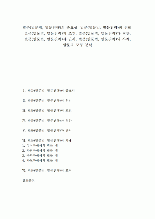 발문(발문법, 발문전략)의 중요성, 발문(발문법, 발문전략)의 원리, 발문(발문법, 발문전략)의 조건, 발문(발문법, 발문전략)과 칭찬, 발문(발문법, 발문전략)과 단서, 발문(발문법, 발문전략)의 사례, 발문 모형