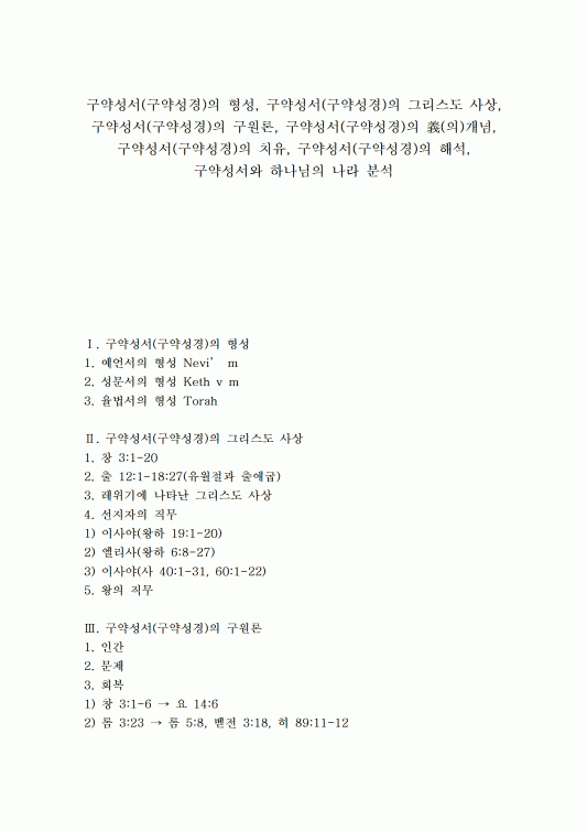 구약성서(구약성경) 형성, 구약성서(구약성경) 그리스도 사상, 구약성서(구약성경) 구원론, 구약성서(구약성경) 義(의)개념, 구약성서(구약성경) 치유, 구약성서(구약성경) 해석, 구약성서와 하나님의 나라 분석