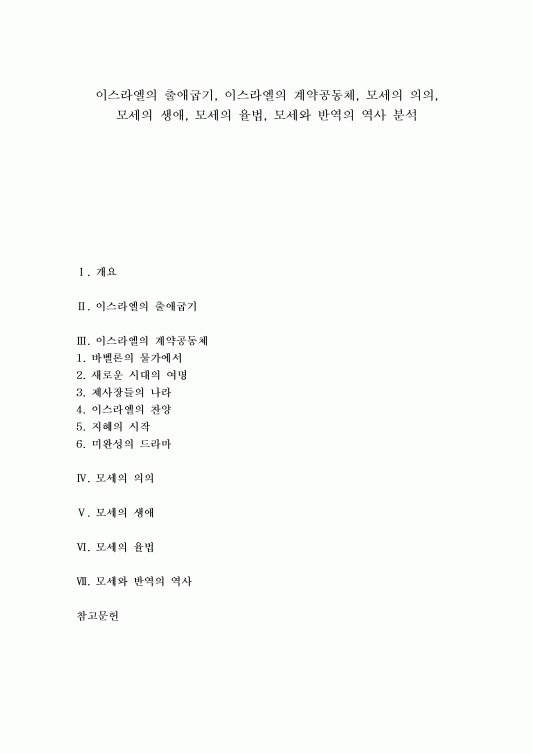 [이스라엘 출애굽기][이스라엘 계약공동체][모세 의의][모세 생애][모세 율법][모세와 반역의 역사]이스라엘의 출애굽기, 이스라엘의 계약공동체, 모세의 의의, 모세의 생애, 모세의 율법, 모세와 반역의 역사 분석