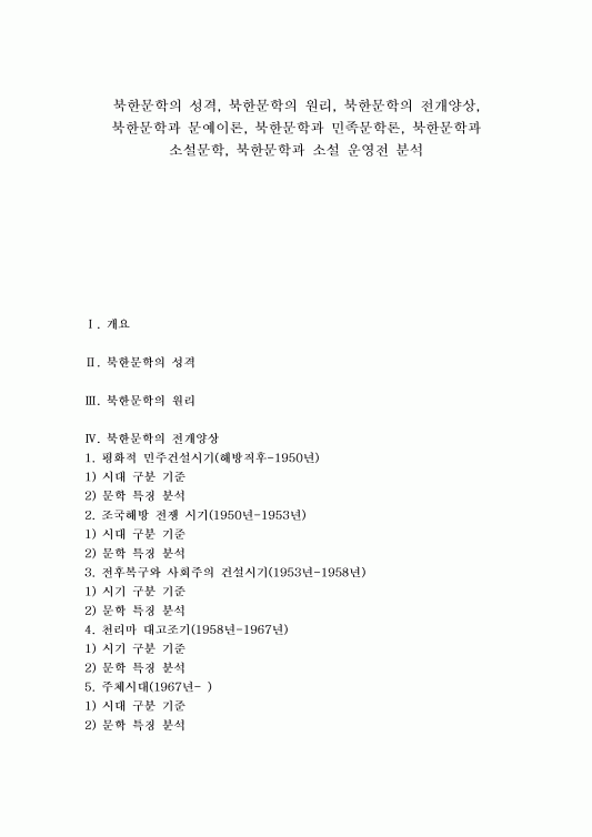 [북한문학][문예이론][민족문학론][소설문학][소설 운영전]북한문학 성격, 북한문학 원리, 북한문학 전개양상, 북한문학과 문예이론, 북한문학과 민족문학론, 북한문학과 소설문학, 북한문학과 소설 운영전 분석